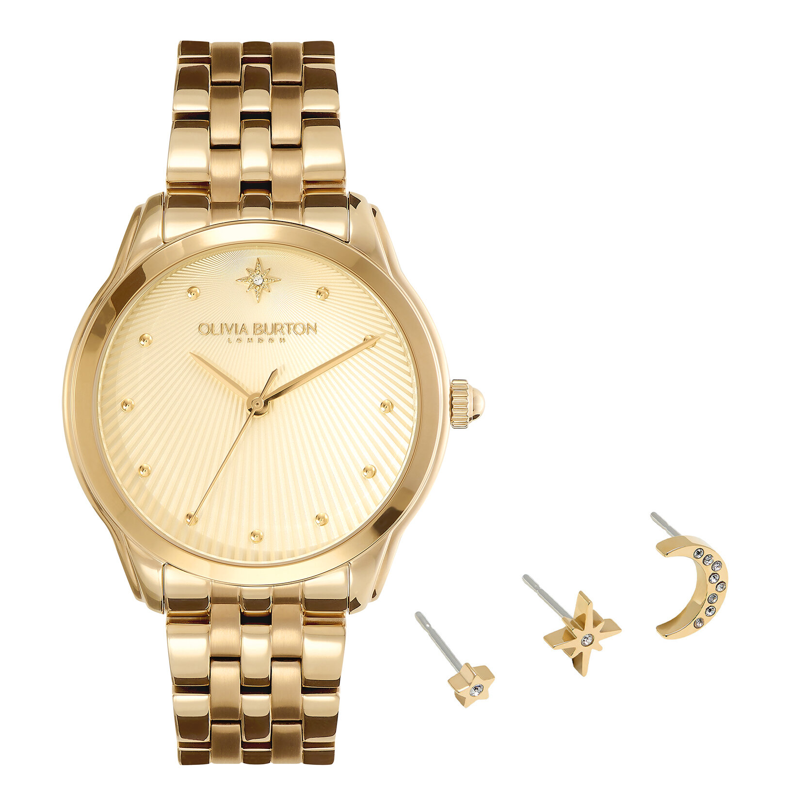 36mm Starlight Gold Bracelet Watch & North Star & Moon Gold Earrings