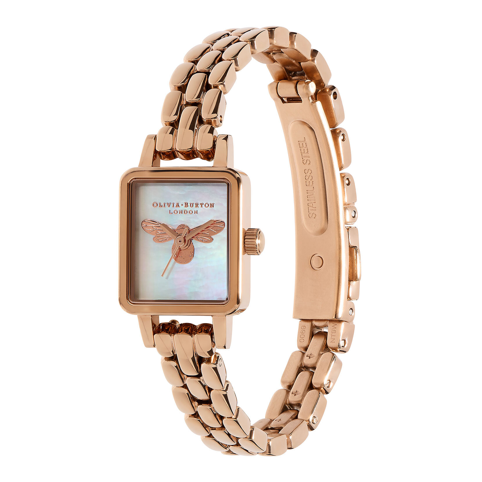 Lucky Bee Rectangular White & Rose Gold Bracelet Watch | Olivia Burton ...