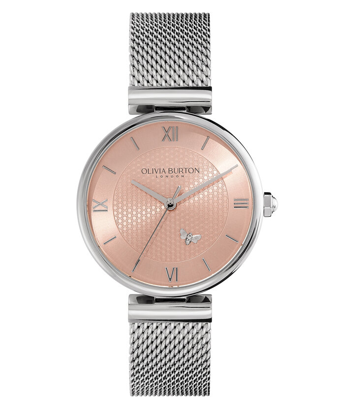 Signature 36mm Minima Bee T-Bar Blush & Silver Mesh Watch | Olivia ...