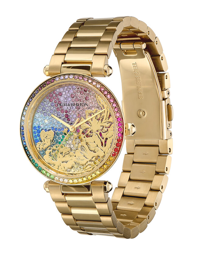 Capsule 34mm Kaleido Bloom Rainbow & Gold Bracelet Watch | Olivia ...