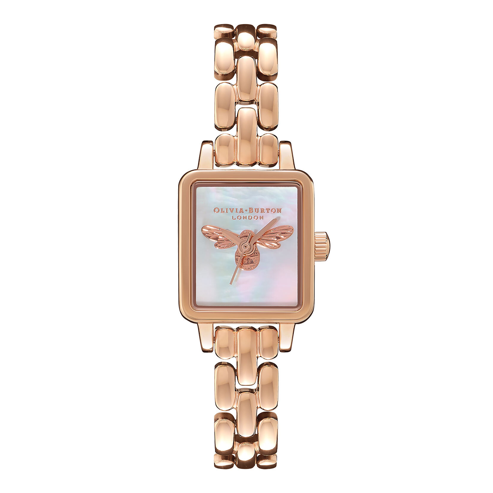 Lucky Bee Rectangular White & Rose Gold Bracelet Watch | Olivia Burton ...
