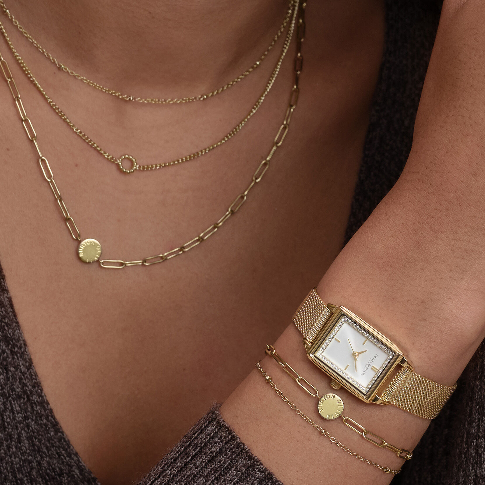 Townhouse 21mm Rectangle White & Gold Mesh Watch | Olivia Burton London