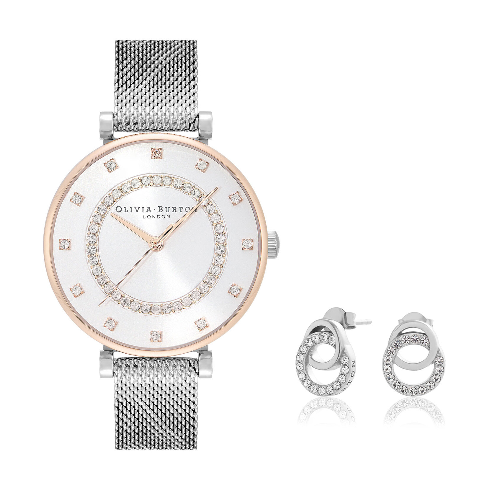 32mm Tbar Two Tone Mesh Watch & Classic Silver Interlink Earrings